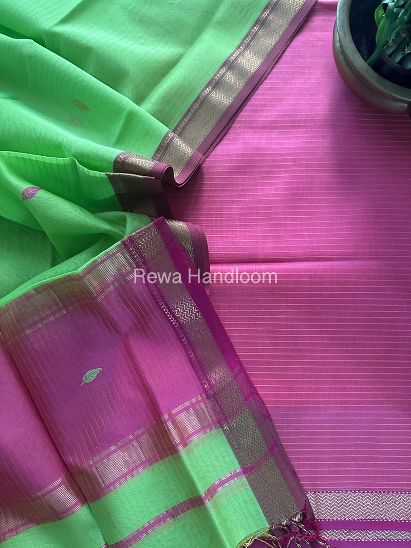 Maheshwari Pink-Parrot Green Motifs Top-Dupatta Set PST0156 – Rewa Handloom