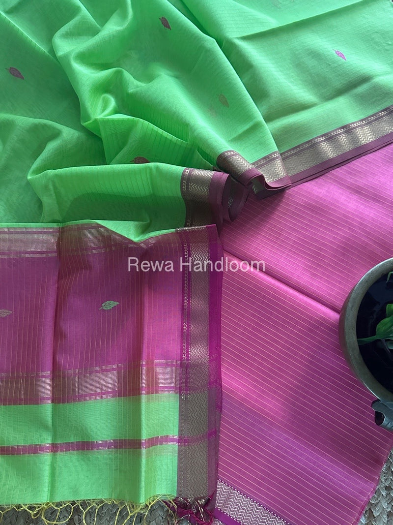 Maheshwari Pink-Parrot Green Motifs Top-Dupatta Set PST0156 – Rewa Handloom
