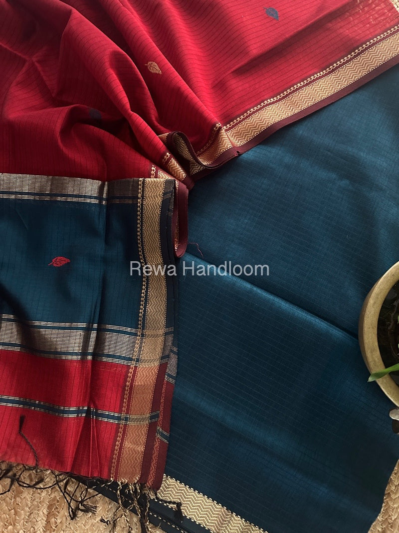 Maheshwari Peacock Blue-Red Motifs Top-Dupatta Set PST0124 – Rewa Handloom