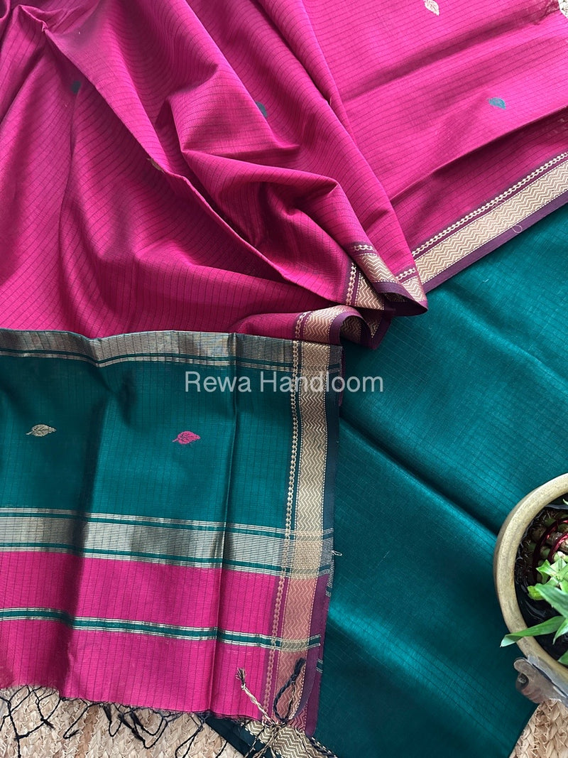 Maheshwari Green-Rani Pink Motifs Top-Dupatta Set PST0133 – Rewa Handloom