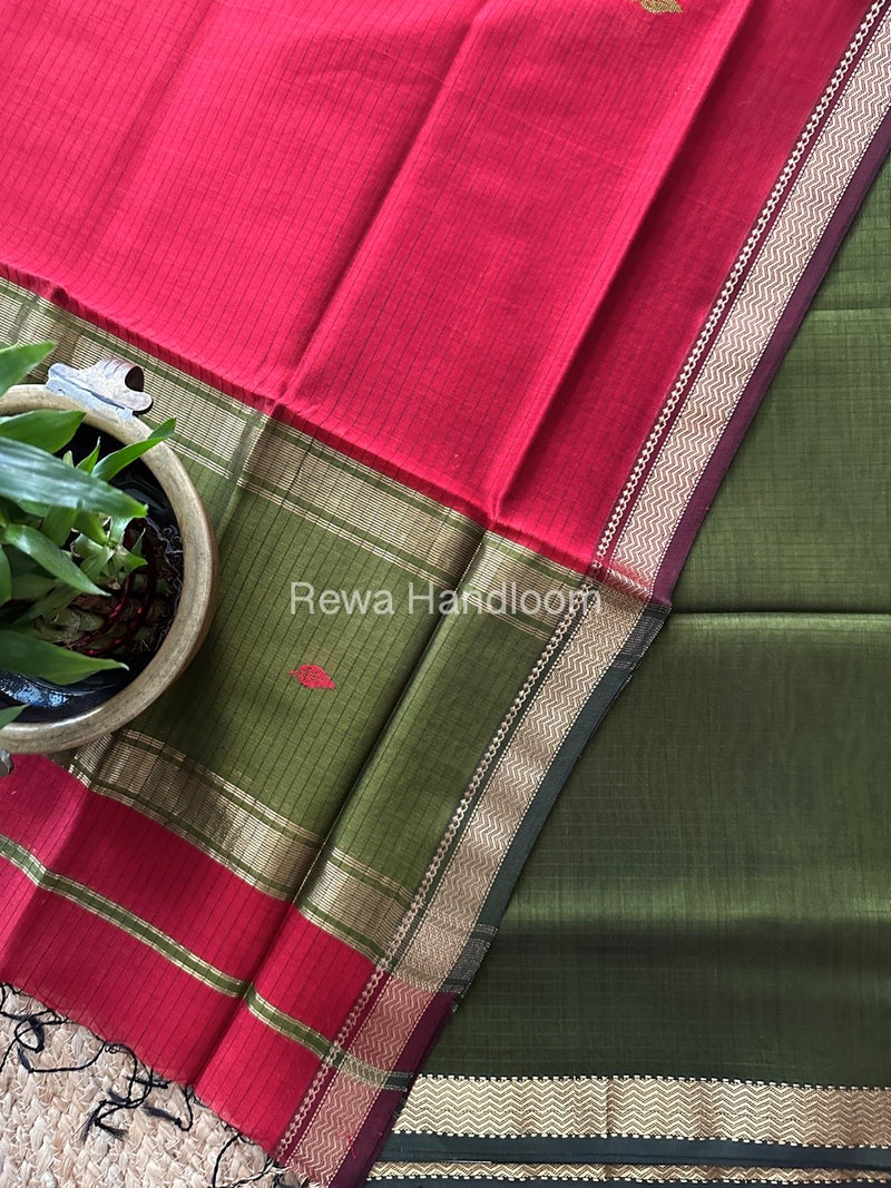 Maheshwari Mehendi Green-Red Motifs Top-Dupatta Set PST0127 – Rewa Handloom