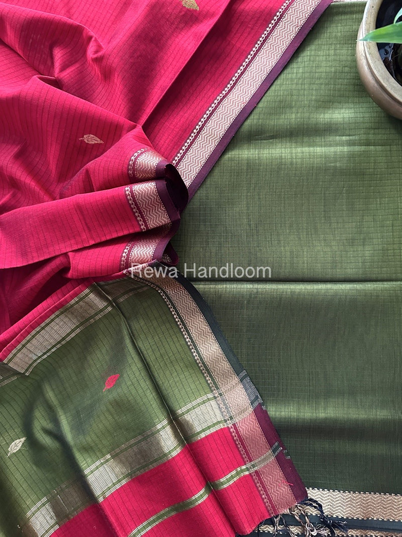 Maheshwari Mehendi Green-Red Motifs Top-Dupatta Set PST0127 – Rewa Handloom