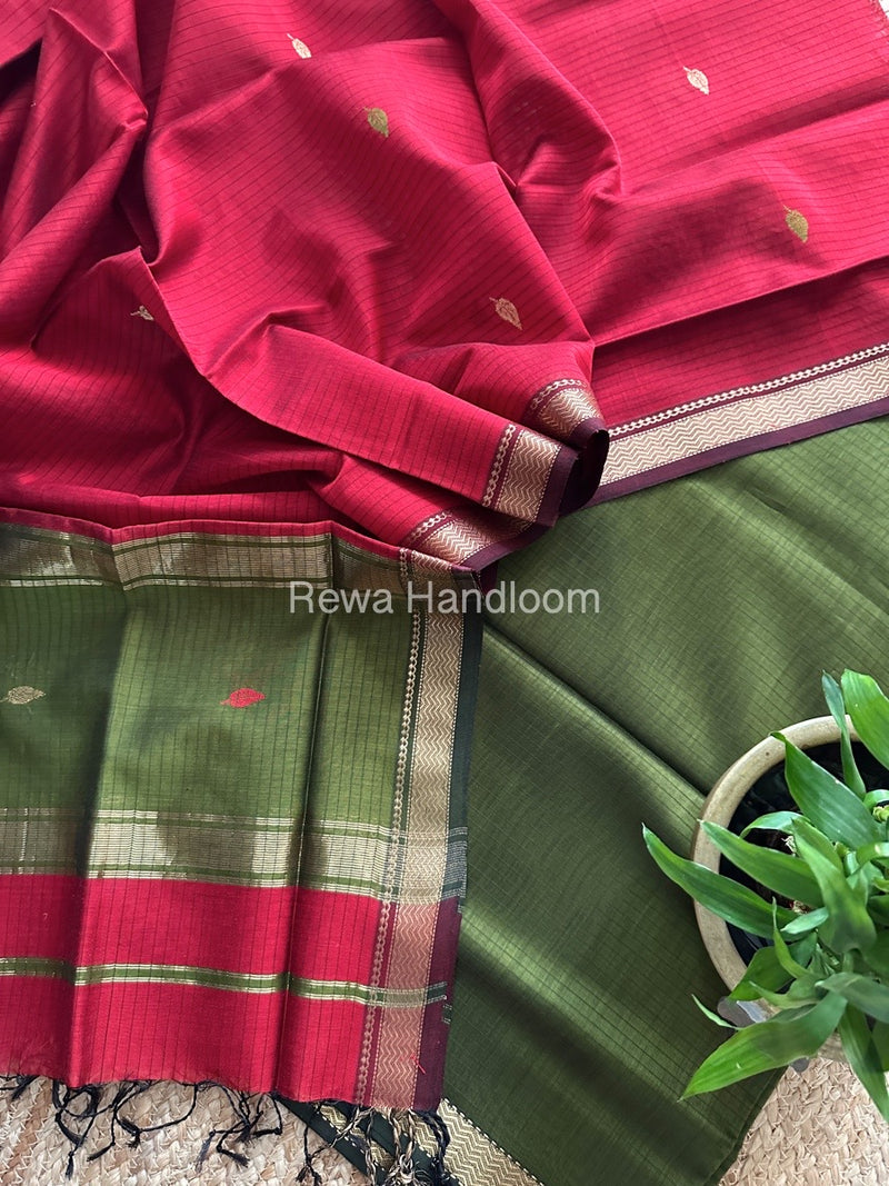 Maheshwari Mehendi Green-Red Motifs Top-Dupatta Set PST0127 – Rewa Handloom