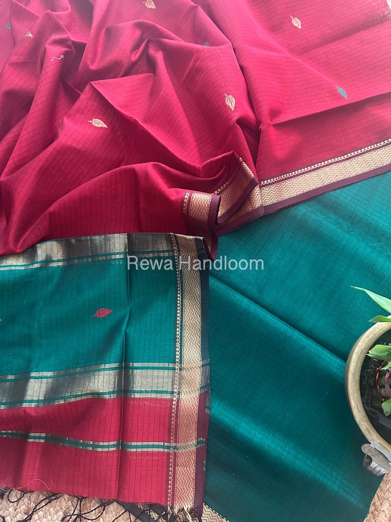 Maheshwari Green-Red Motifs Top-Dupatta Set PST0146 – Rewa Handloom