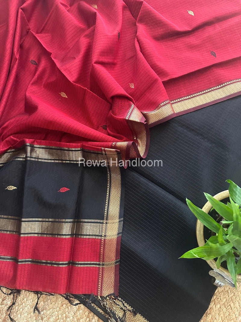 Maheshwari Black-Red Motifs Top-Dupatta Set PST0136 – Rewa Handloom