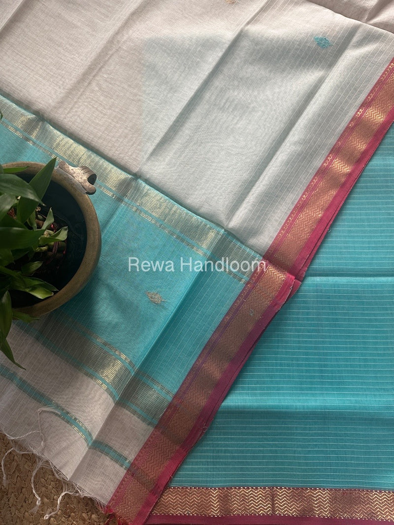 Maheshwari Sky Blue-White Motifs Top-Dupatta Set PST0130 – Rewa Handloom