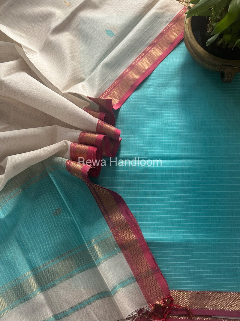Maheshwari Sky Blue-White Motifs Top-Dupatta Set PST0130 – Rewa Handloom