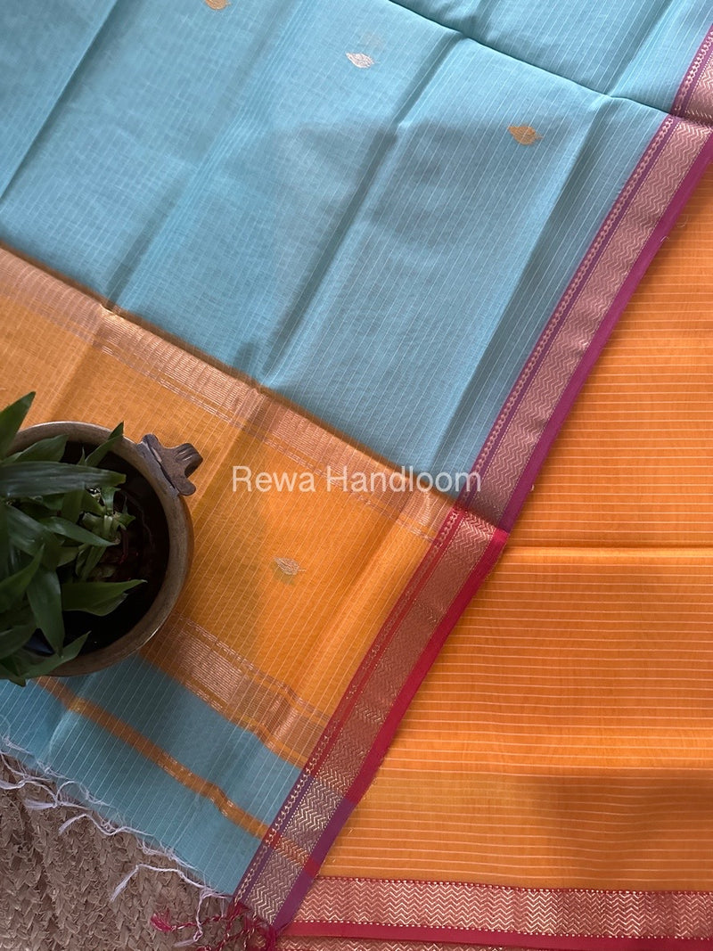 Maheshwari Yellow-Aqua Motifs Top-Dupatta Set PST0142 – Rewa Handloom
