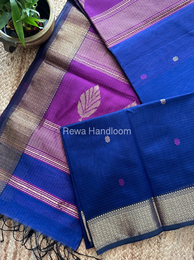 Blue-Purple Butta Pallu Zari Border Maheshwari Saree BTPS057 – Rewa ...