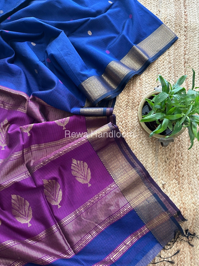 Blue-Purple Butta Pallu Zari Border Maheshwari Saree BTPS057 – Rewa ...