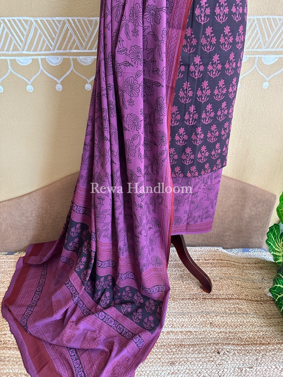 Black-Magenta Bagh Print Cotton Suit BCS0024 – Rewa Handloom