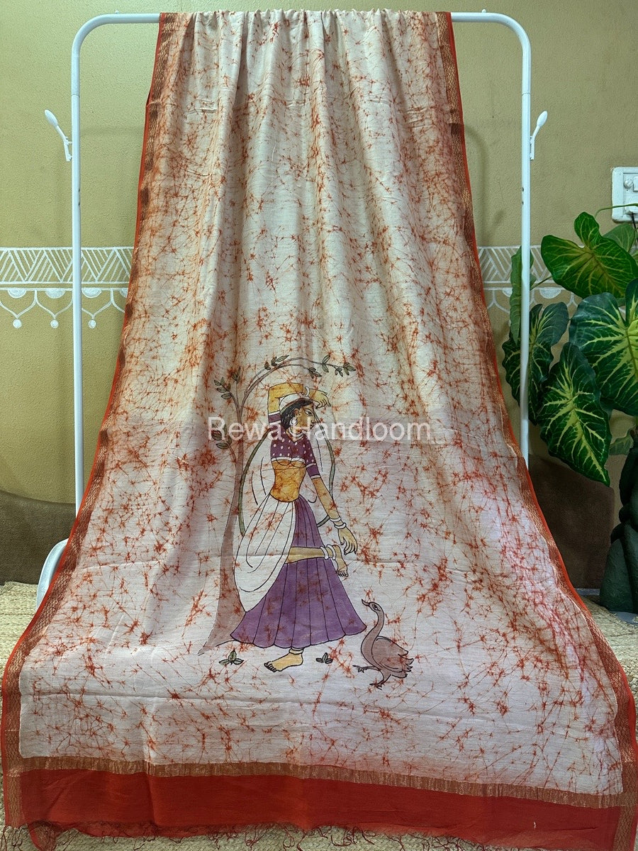 Maheshwari Orange Batik Figure Handpainted Saree MFPS024 – Rewa Handloom