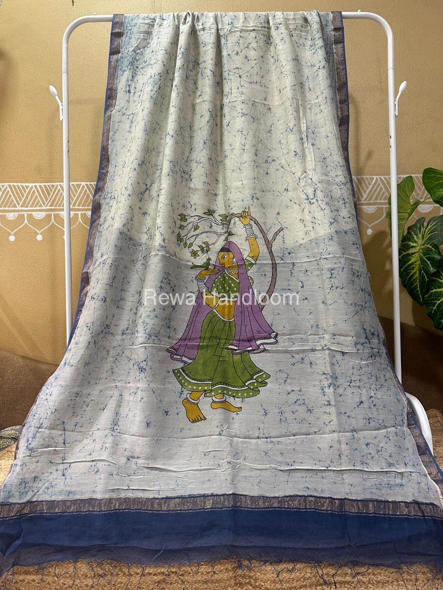 Maheshwari Sky Blue Batik Figure Handpainted Saree MFPS018 – Rewa Handloom