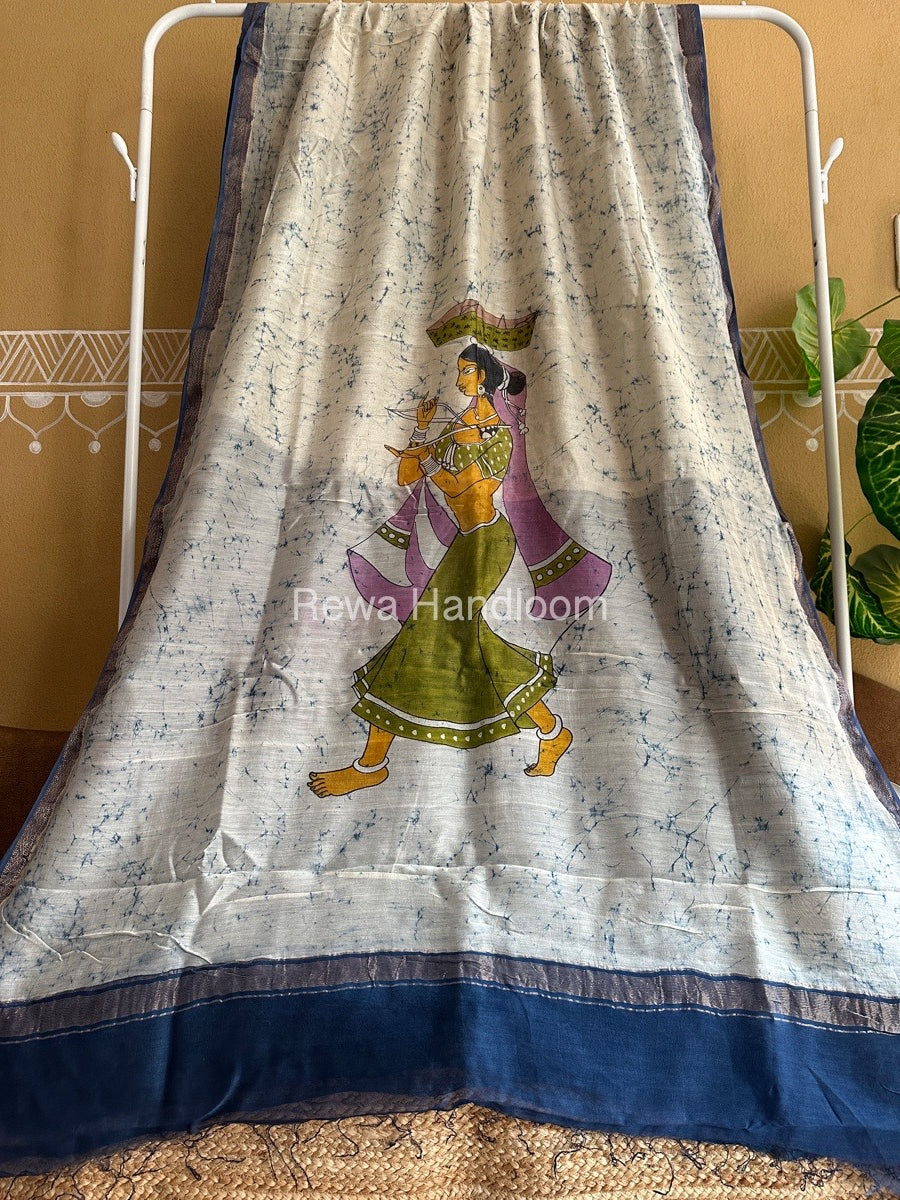 Maheshwari Sky Blue Batik Figure Handpainted Saree MFPS04 – Rewa Handloom
