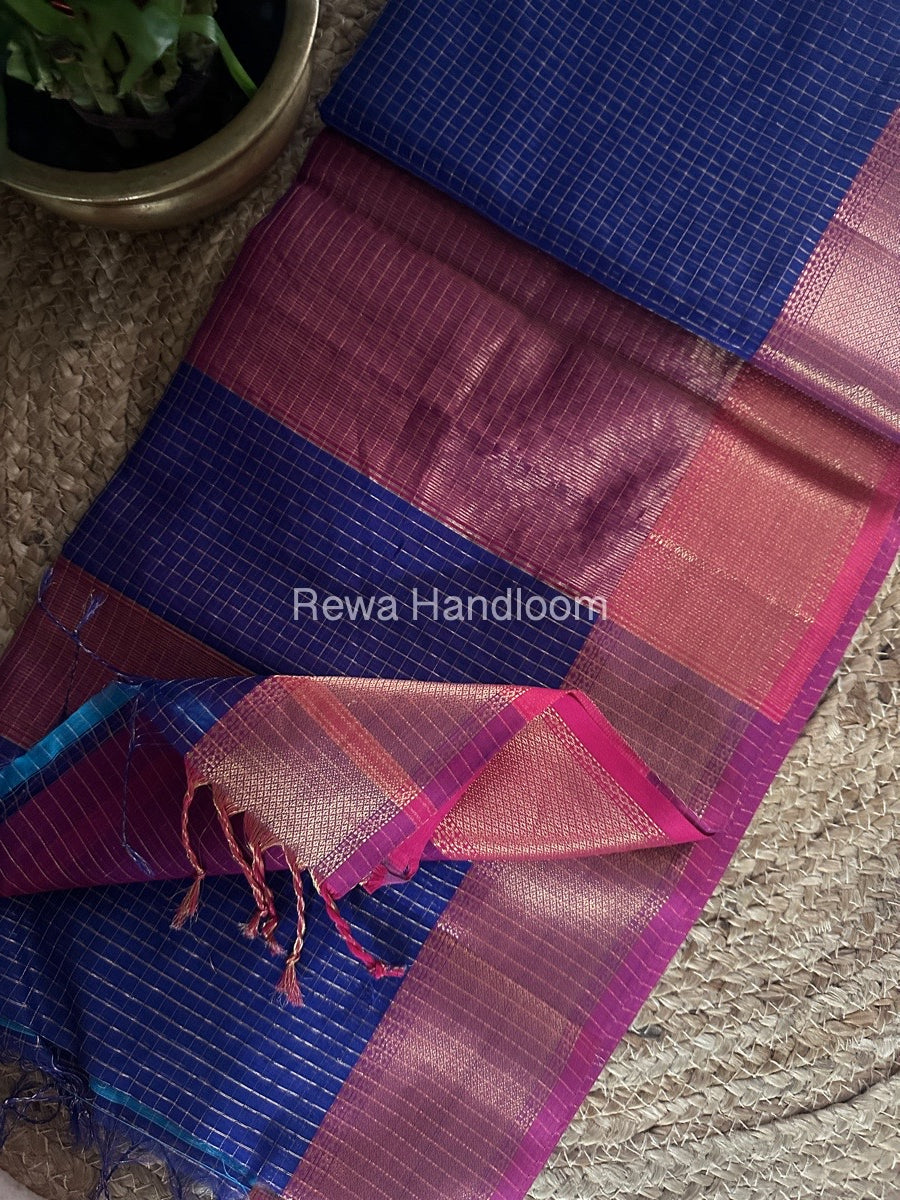 Maheshwari Dark Blue Zari Checks Saree ZCHX294 – Rewa Handloom