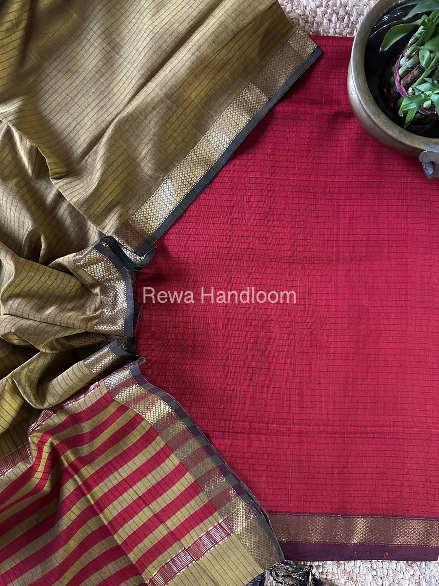 Maheshwari Red-Mustard Yellow Zari Border Dress Material MSBS03 – Rewa ...